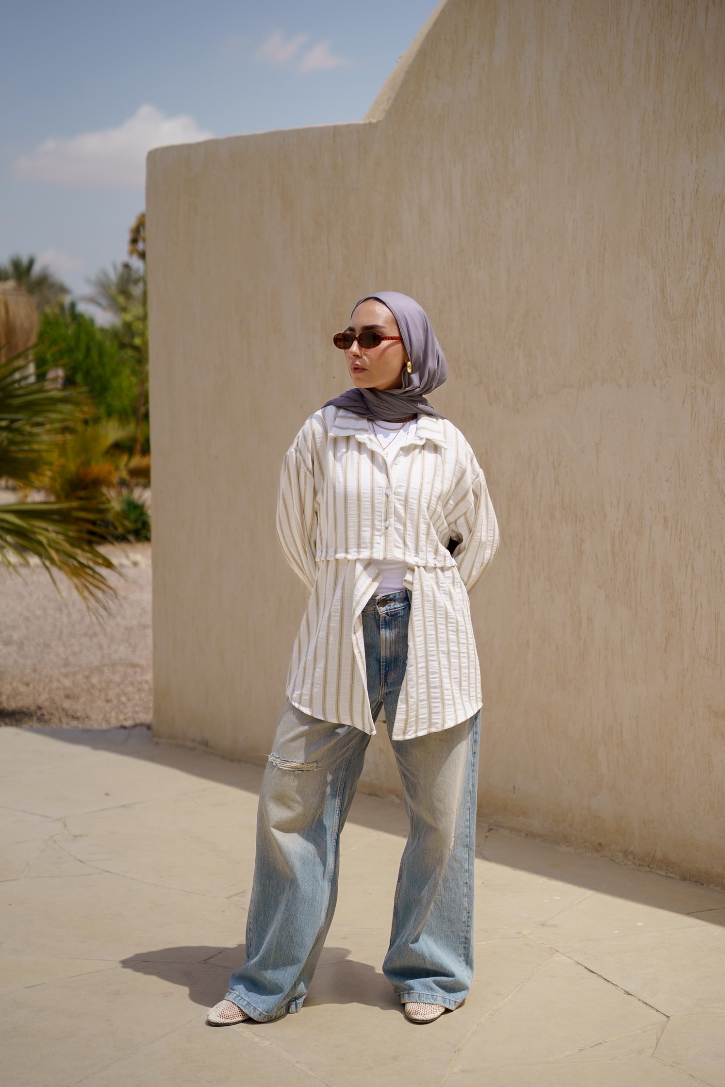 stripes linen shirt - beige - EMAN STORE